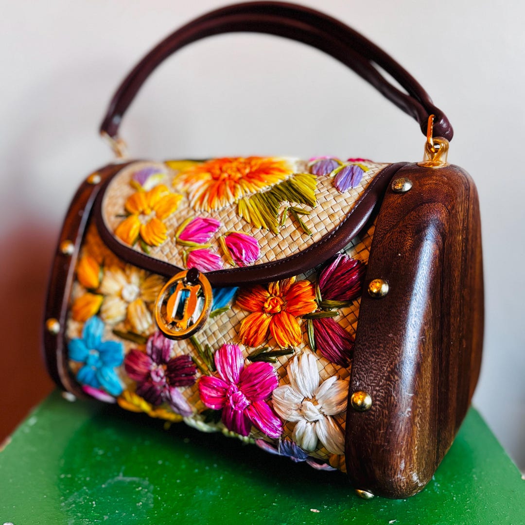Vtg 60s WOODEN RAFFIA FLORAL Purse // Vintage Top Handle Tiki Box Purse ...