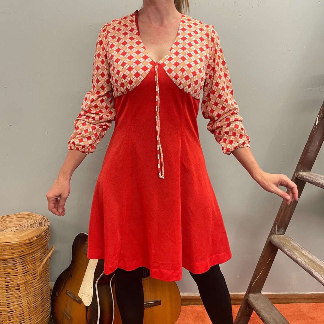 Vtg 70s MOD SLINKY MINI Dress // Vintage Gingham Plaid Gold & Red ...