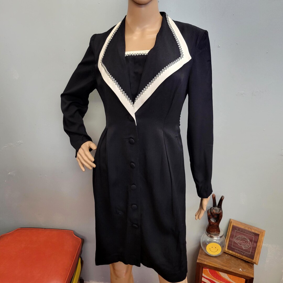 Vtg 80s LARGE COLLAR DRESS : Vintage S L Fashions Size 6 Small Art Deco ...