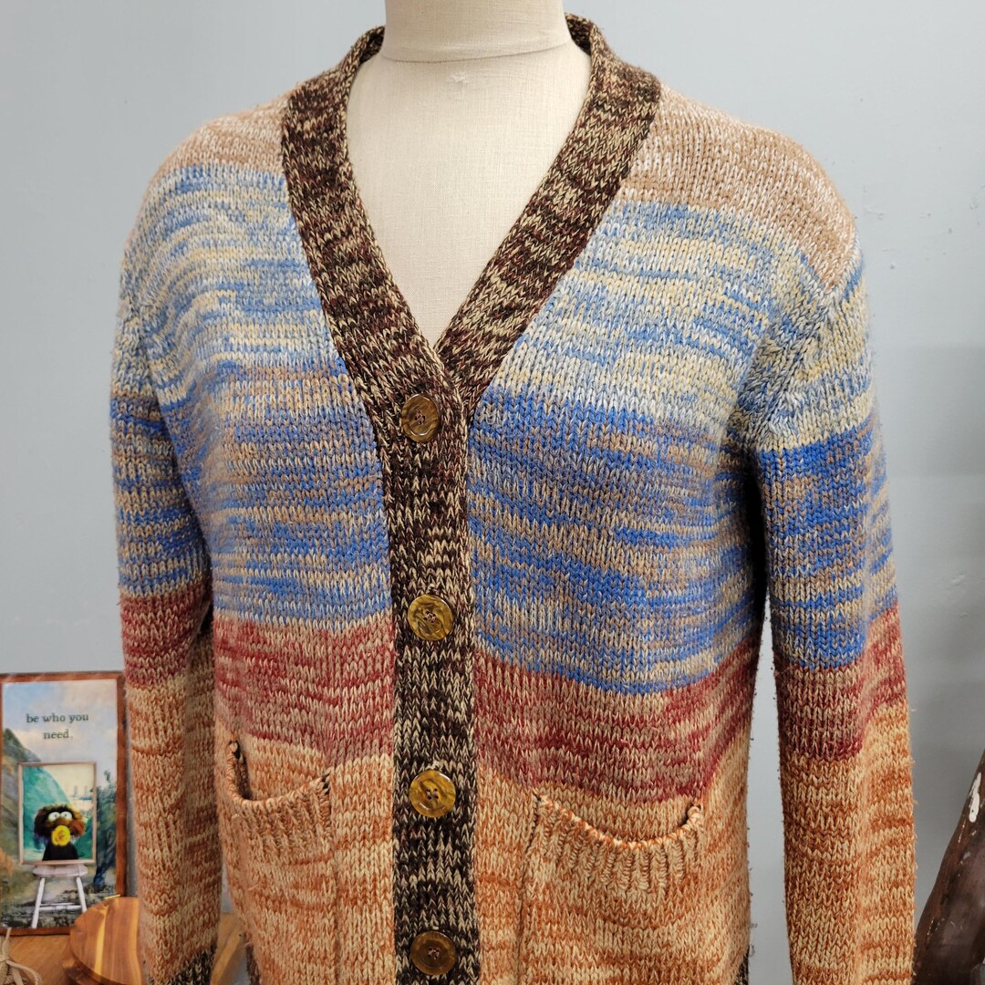 Vtg 70s SPACE DYE CARDIGAN // Vintage Primstyle Large Womens Button up ...