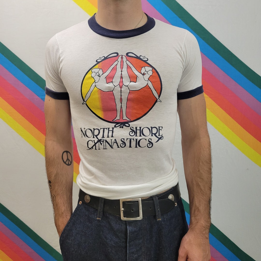 Vtg 80s NORTH SHORE GYMNASTICS Ringer Tee / Rainbow Retro Colors Mn Gym ...