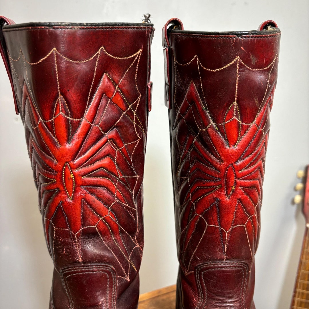 Vtg 70s SPIDER WEB BOOTS // Insane Tooled Red Leather Spider Pattern ...