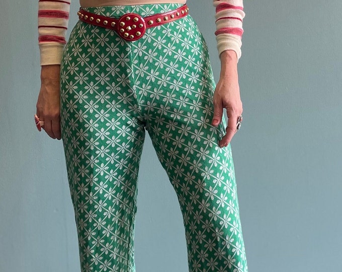 Vintage 70s Green & White Bell Bottoms / Retro Polyester Flare Pants ...