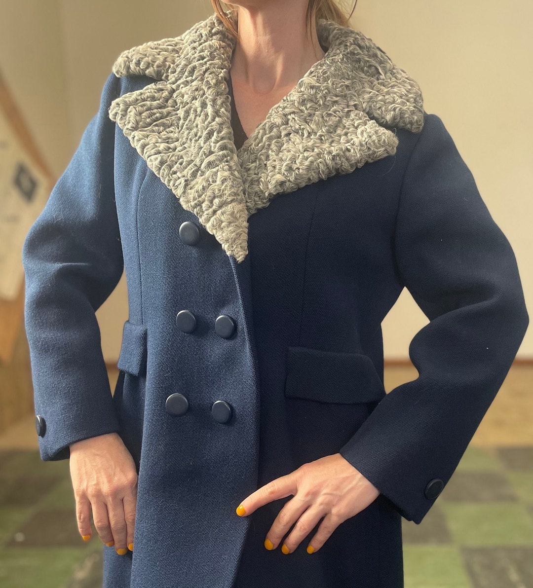 Vtg 50s PERSIAN LAMB COLLAR Coat // Vintage Field Schlick Blue Wool ...