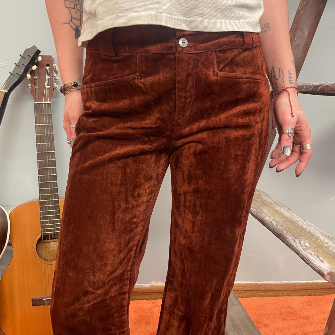 Vtg 70s CRUSHED VELVET PANTS // Vintage Golden Brown Kick Flare Capris ...