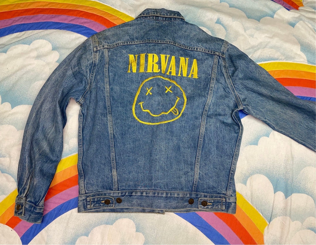 Vtg 90s GUESS NIRVANA JEAN Jacket // 90s Embroidered Smiley Face Denim ...
