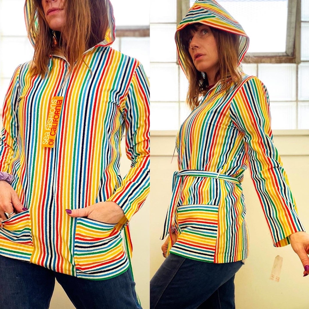 Vintage 70s Hooded Rainbow Beach Jacket Dress With Pockets // 70s Towel ...