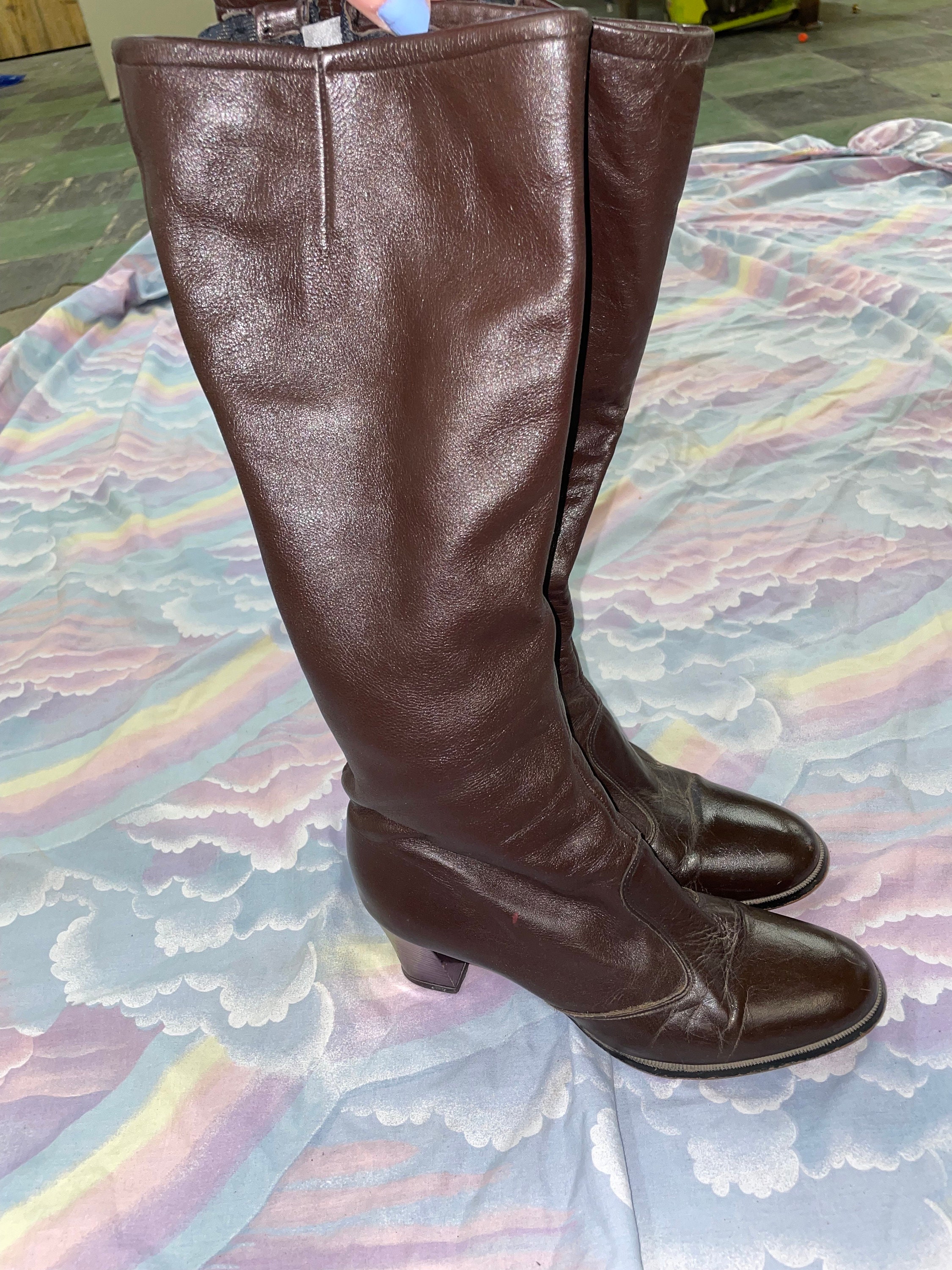 Vtg 70s BROWN GO GO Boots : Vintage Zip up Sleek Chocolate Brown Boho ...