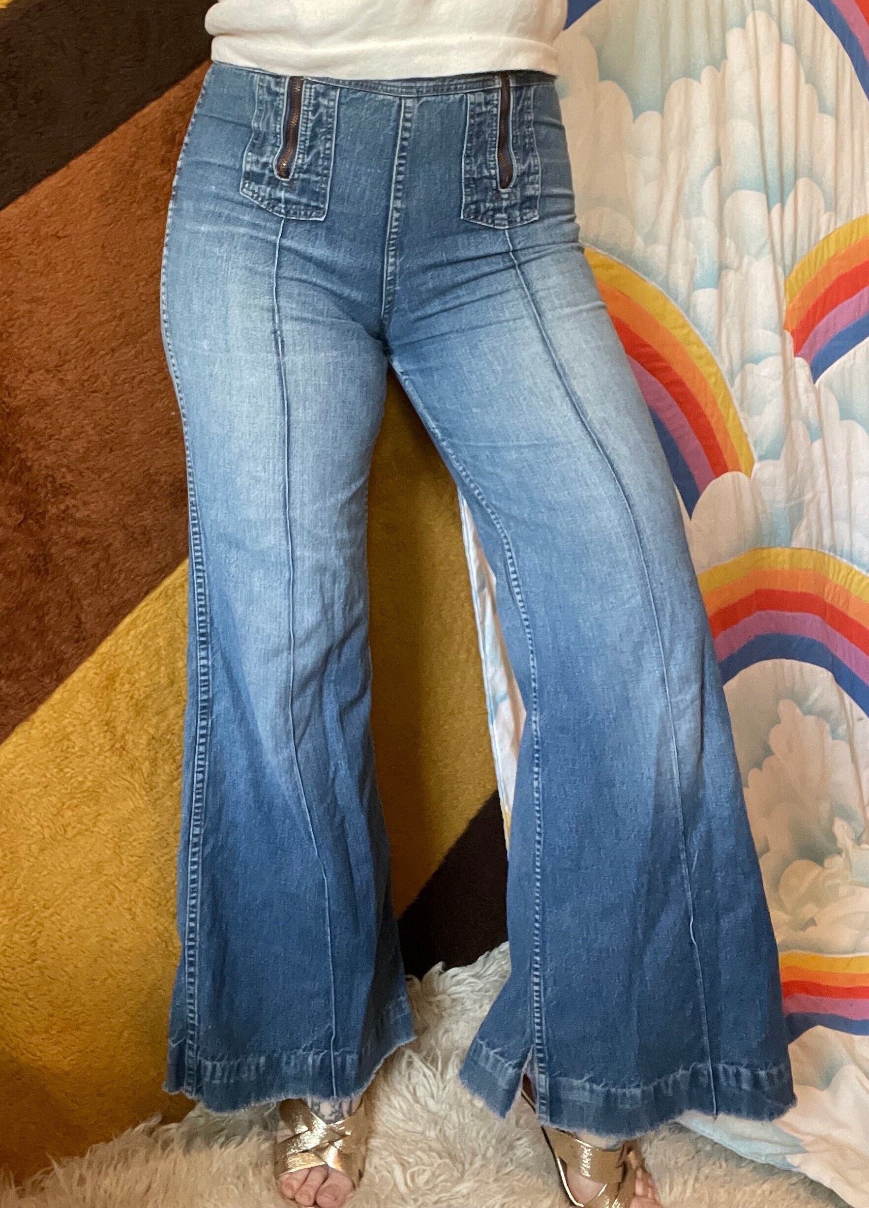 Vtg 70s double zip bell bottoms sun fade retro high waisted Vtg 70s double zip bell bottoms sun fade retro high waisted