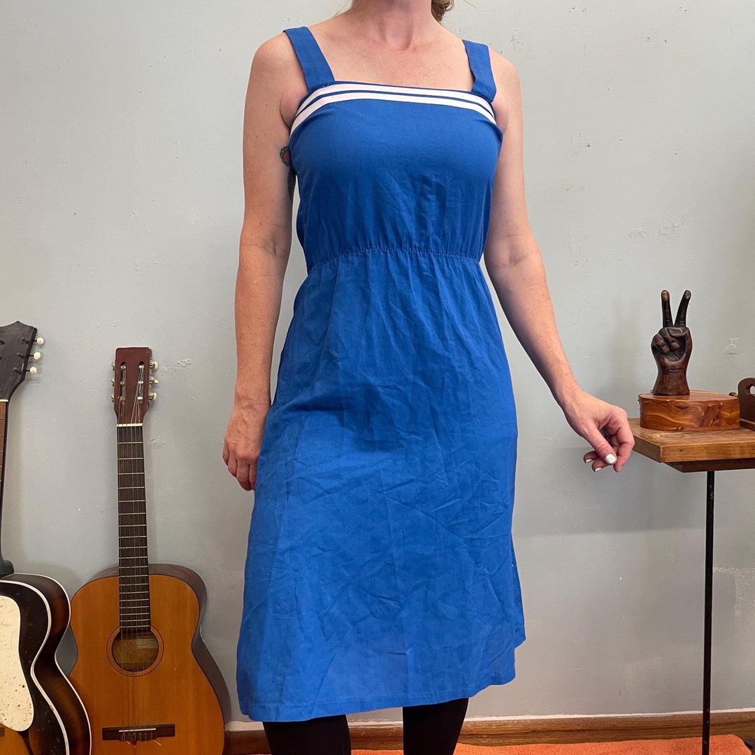 Vtg 70s BLUE STRIPED TANK Dress // Retro Mid Length Minimalist Casual Secretary Layering Dress ...