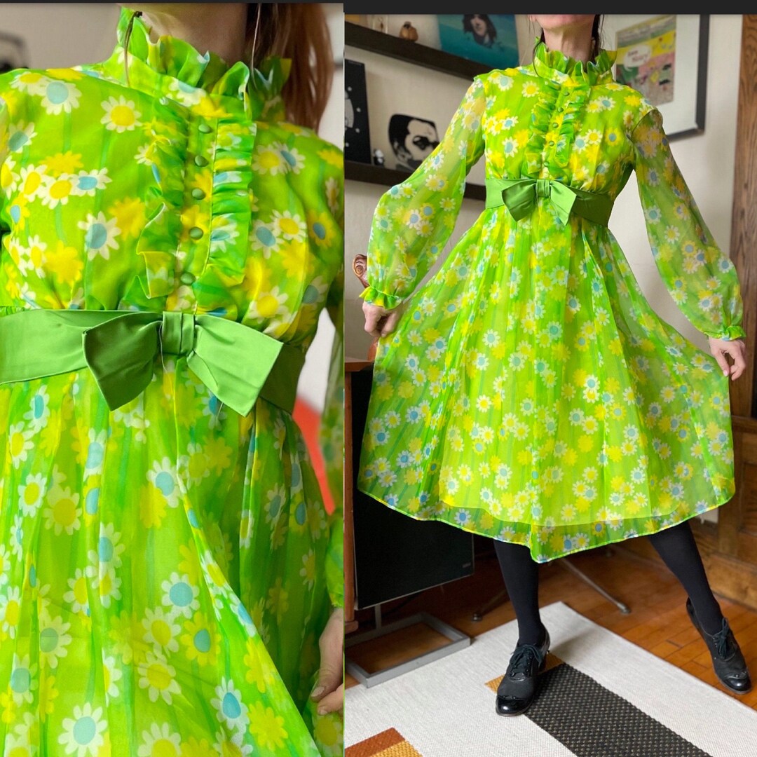 SALE Vintage 60s Mod Flower Power Dress / Green Chiffon Floral Party ...