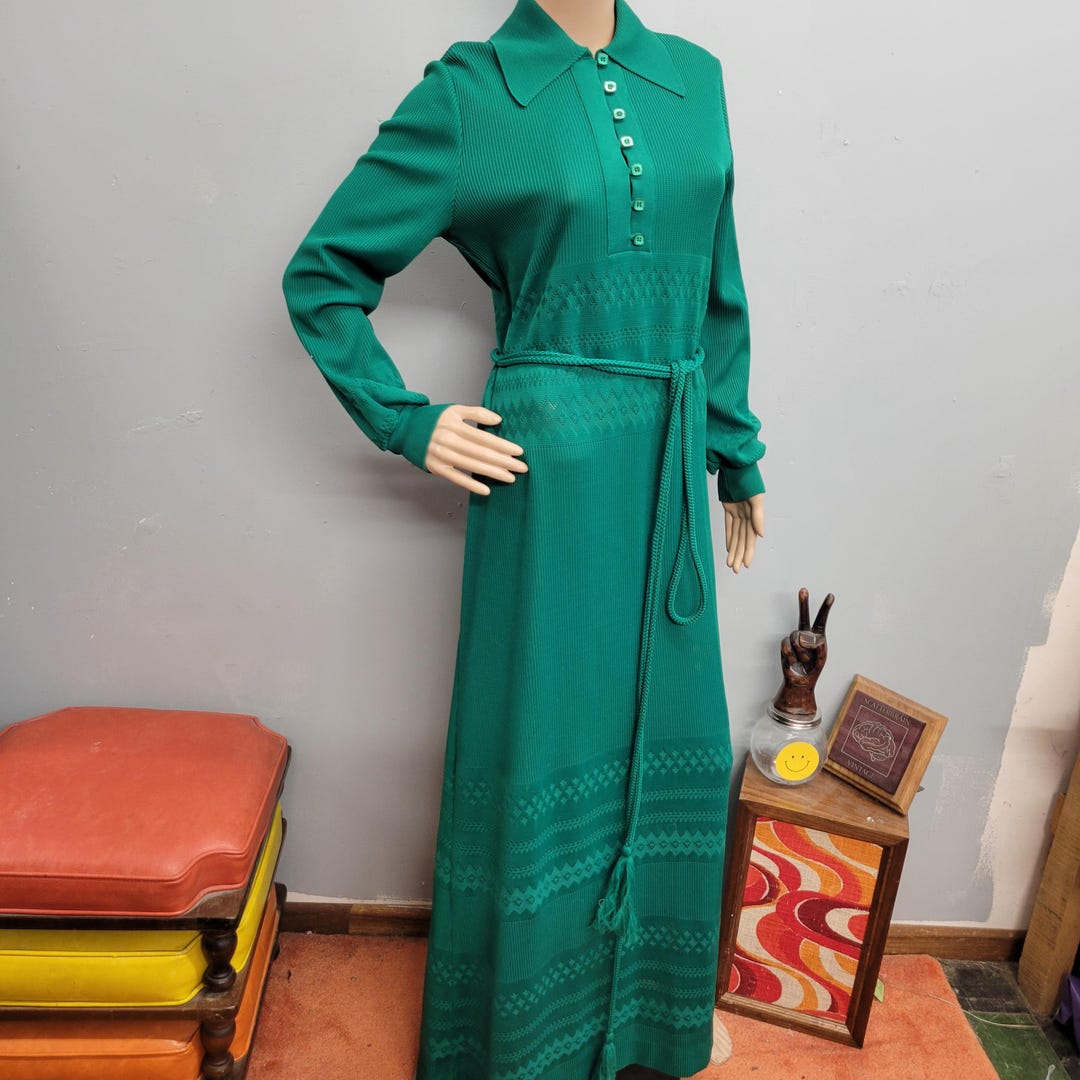 Vtg 70s Long Emerald GREEN Polyester KNIT DRESS : Vintage James Kerrol ...