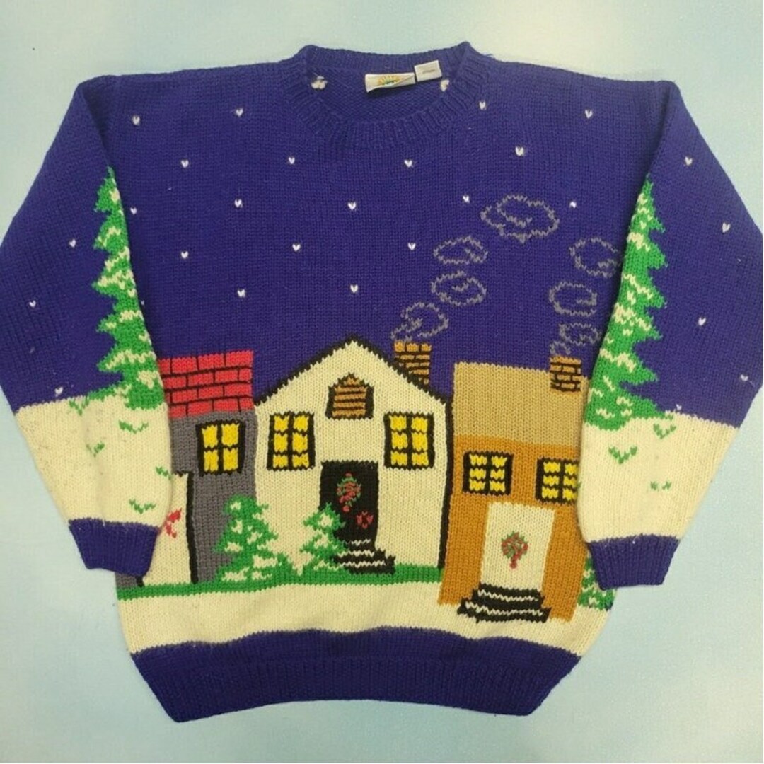 Vtg 80s XMAS WINTER SCENE Sweater // Vintage Womens Large Cozy Cottage ...