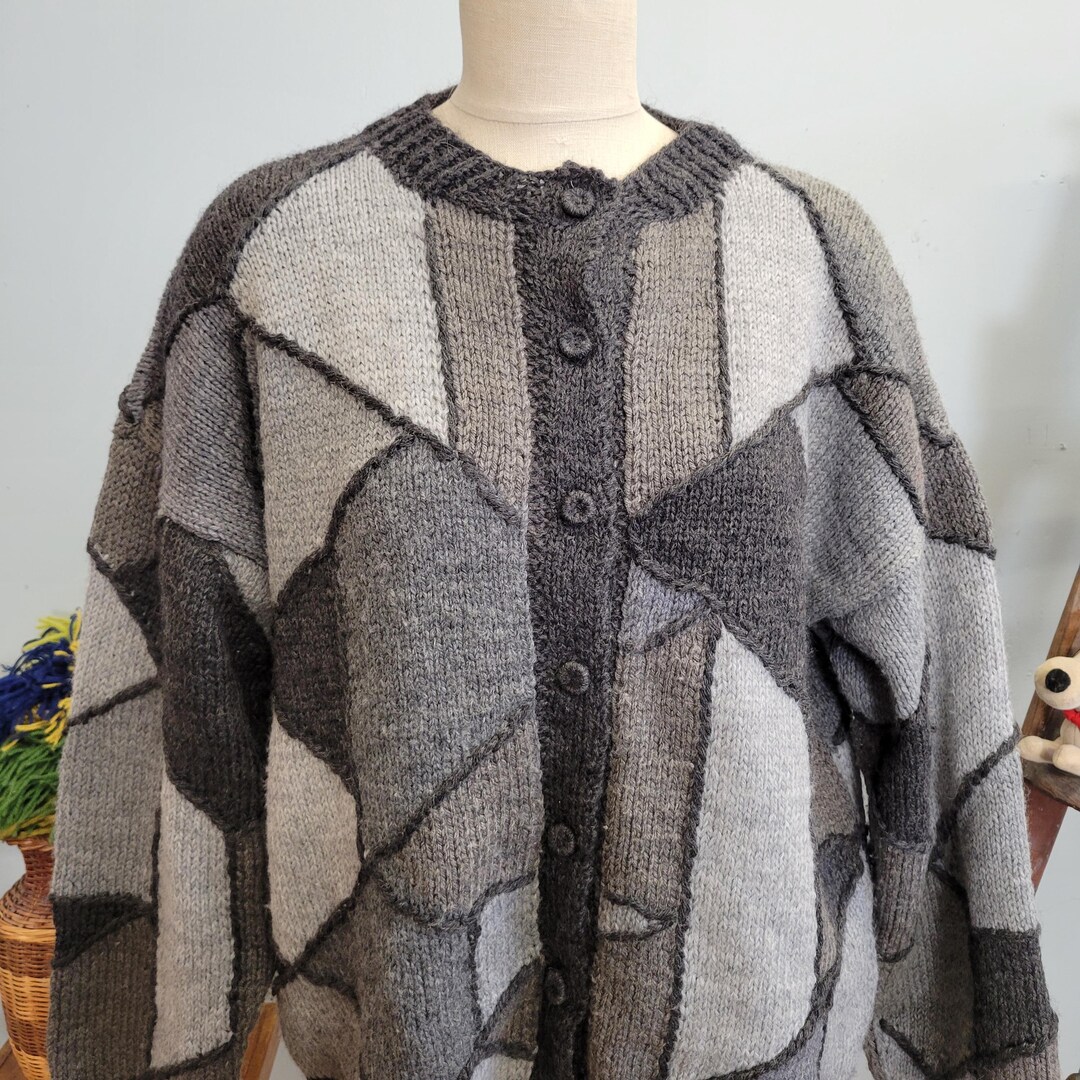 Vtg 80s MONOTONE KNIT CARDIGAN / Vintage Patchwork Slouchy Sweater ...