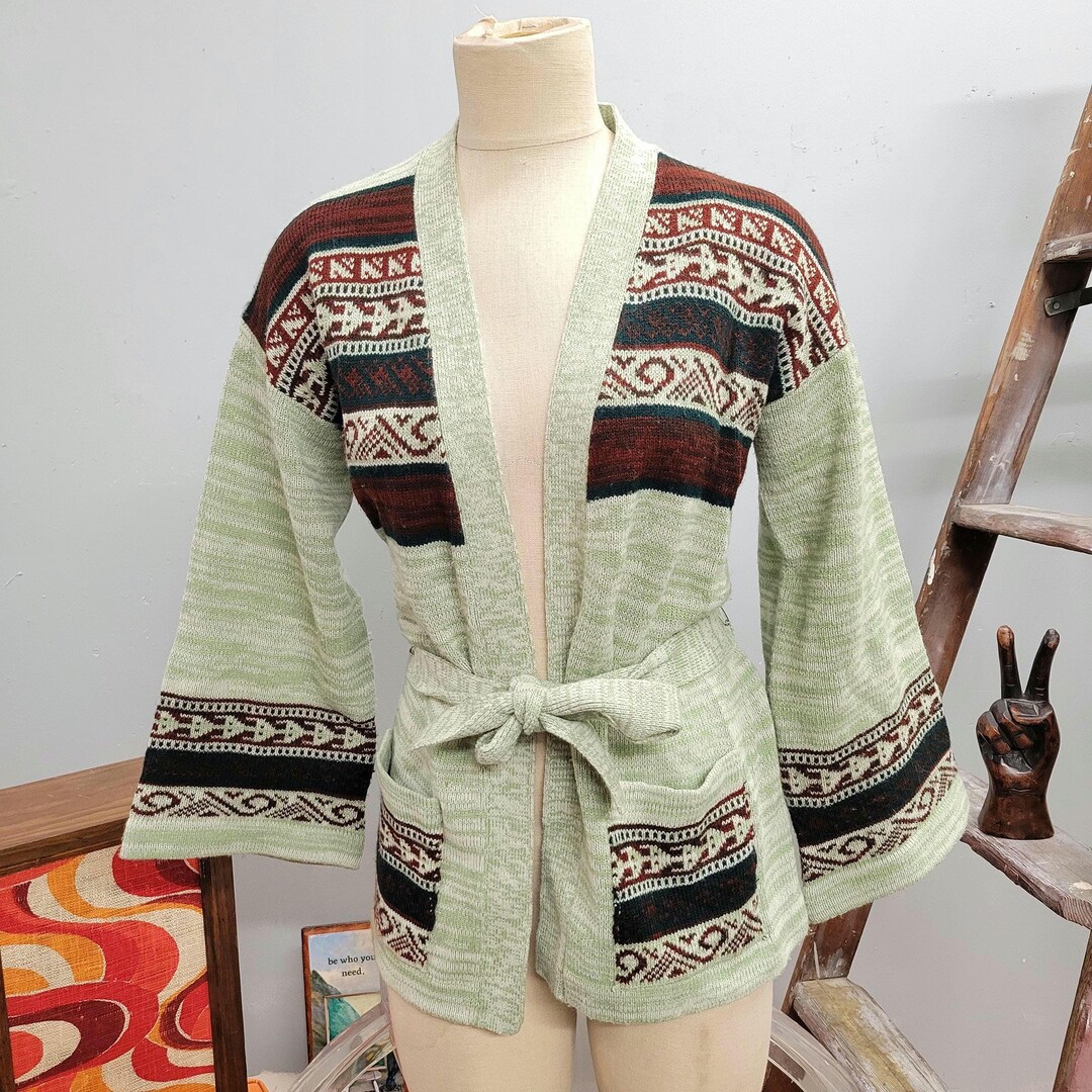 Vtg 70s SPACE DYE CARDIGAN // Vintage Kimlon Womens Medium Belted Bell ...