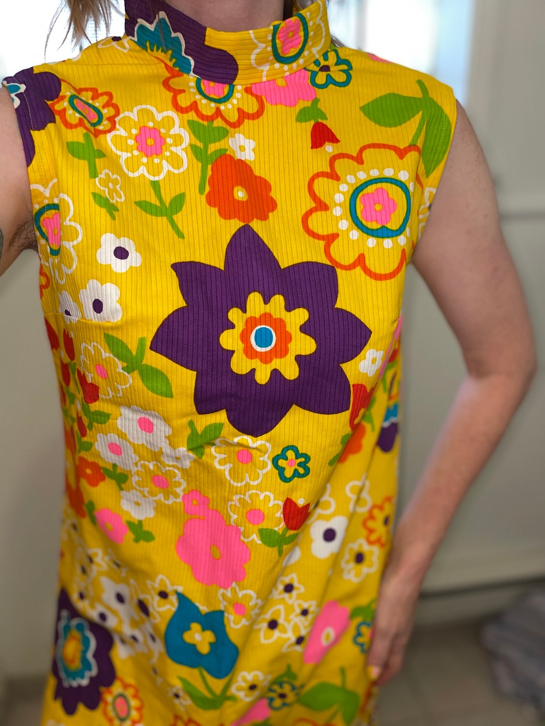 Vintage 60s Flower Power Dress / Bright Vivid Yellow Day Glow ...