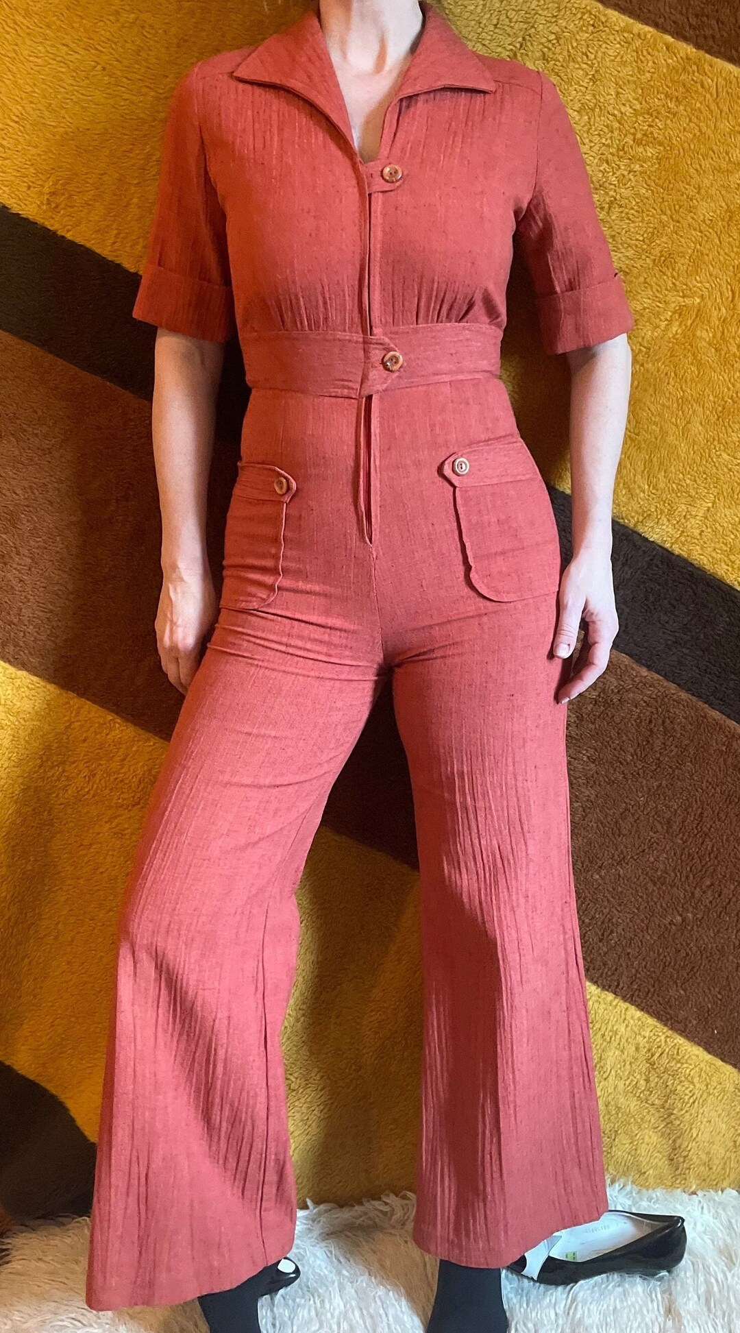 Vtg 70s FLATE LEG JUMPSUIT // High Waisted Cotton Flare Pantsuit ...