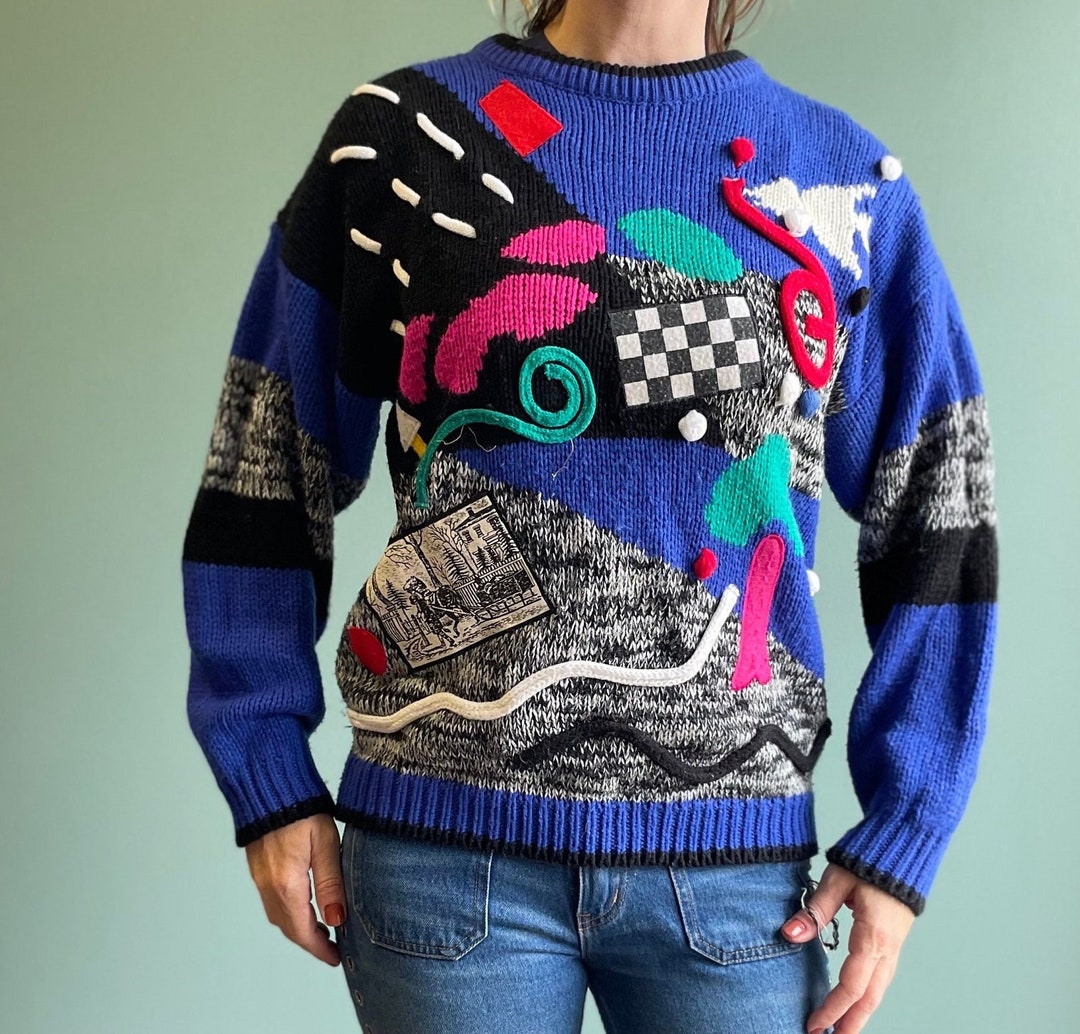 Vtg 80s 3D ABSTRACT PATTERN SWEATER // Vintage Hodge Podge Checkered ...