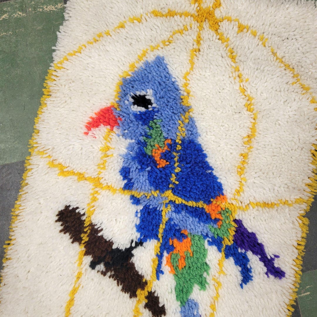 Vtg 70s BIRD CAGE RUG // Vintage Hook & Latch Parrot Cute Animal Blue ...