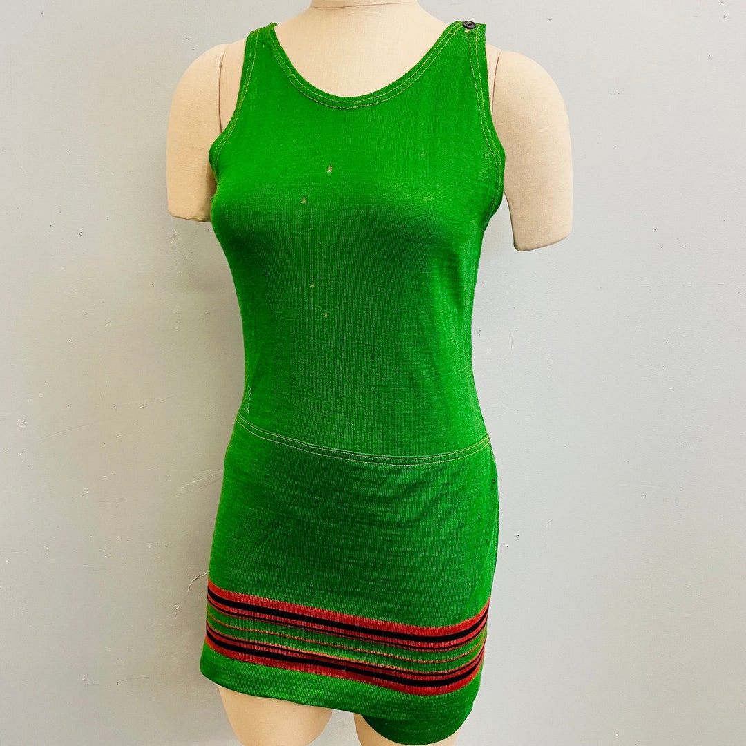 Vtg 1920s Green & Pink Sheath Wool Bathing Suit Antique Tank Swim ...