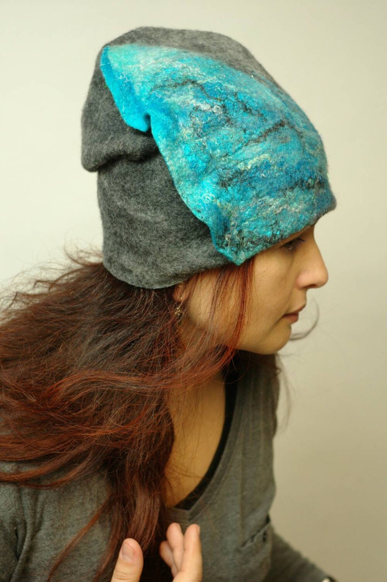 Warm Fancy Winter Hat Gray + Blue, Hand Felted Merino Wool, Soft Wool ...
