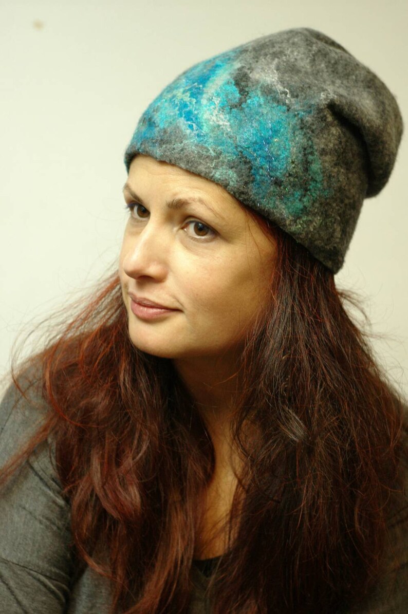 Warm Fancy Winter Hat Gray + Blue, Hand Felted Merino Wool, Soft Wool ...