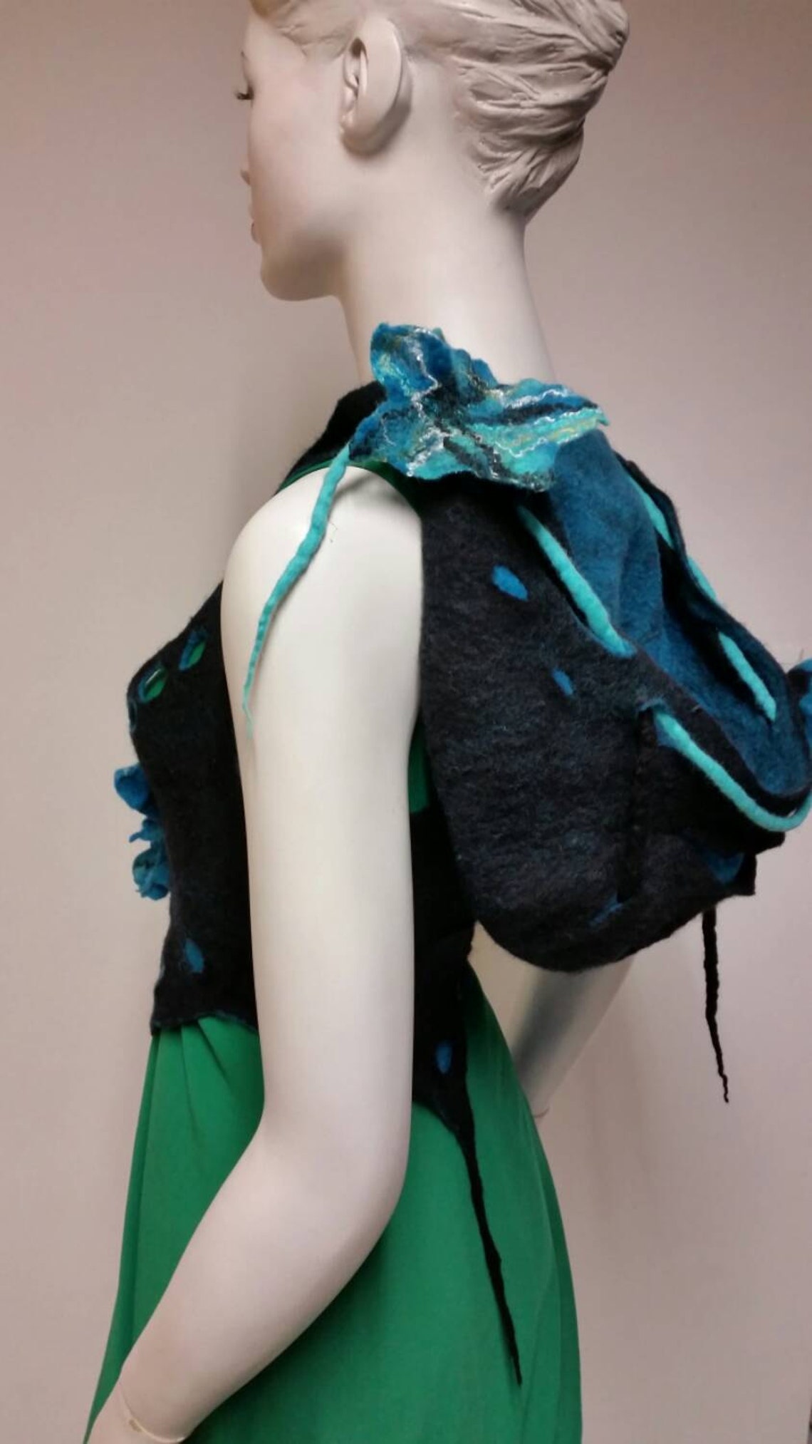 Felted Vest, Hood, Flowers, Black and Turquoise, Wearable Art, Gift ...