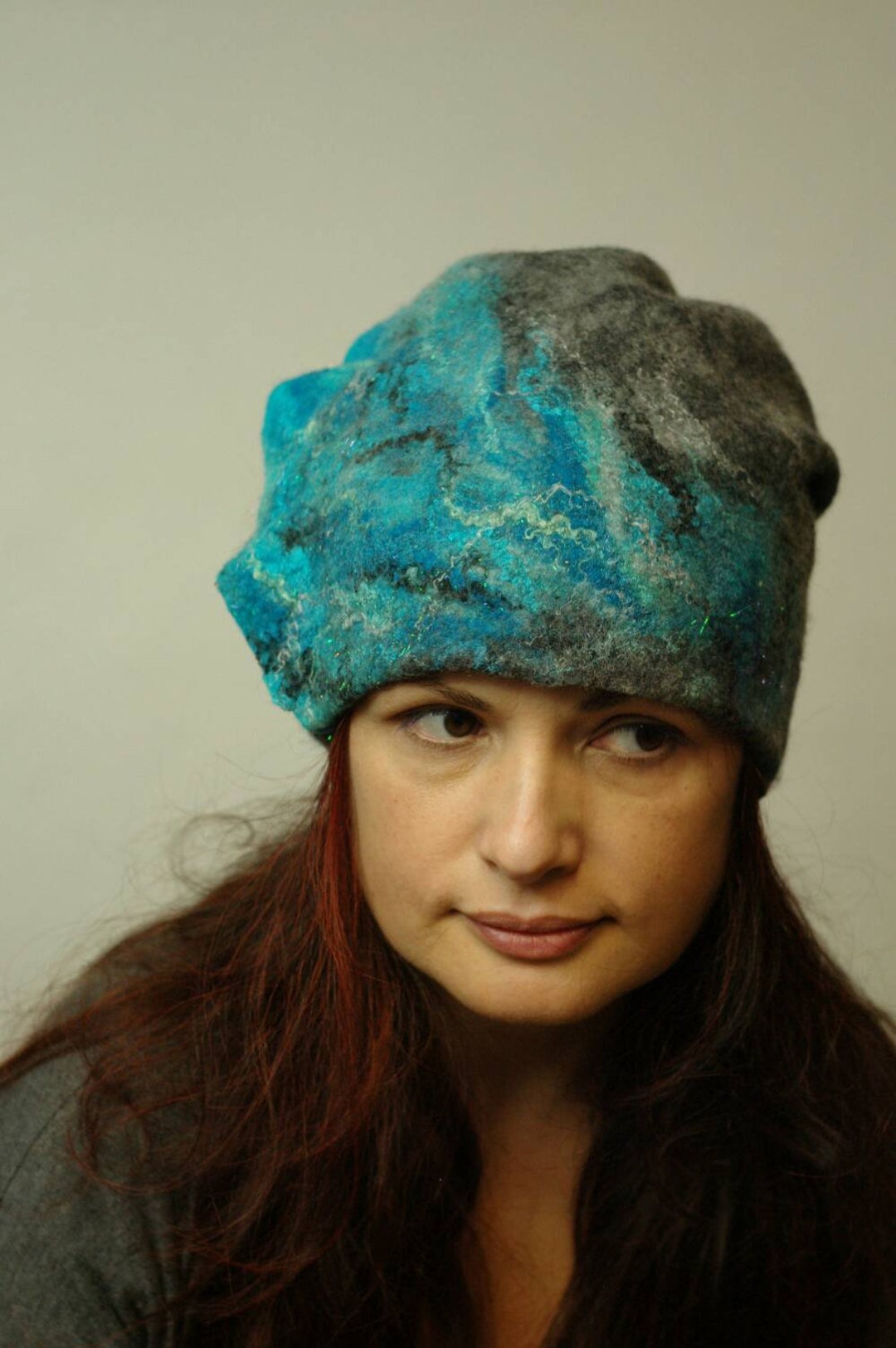 Warm Fancy Winter Hat Gray + Blue, Hand Felted Merino Wool, Soft Wool ...