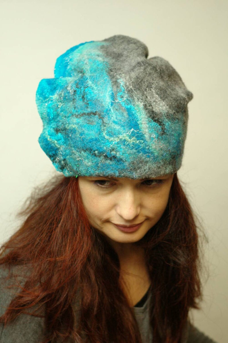 Warm Fancy Winter Hat Gray + Blue, Hand Felted Merino Wool, Soft Wool ...