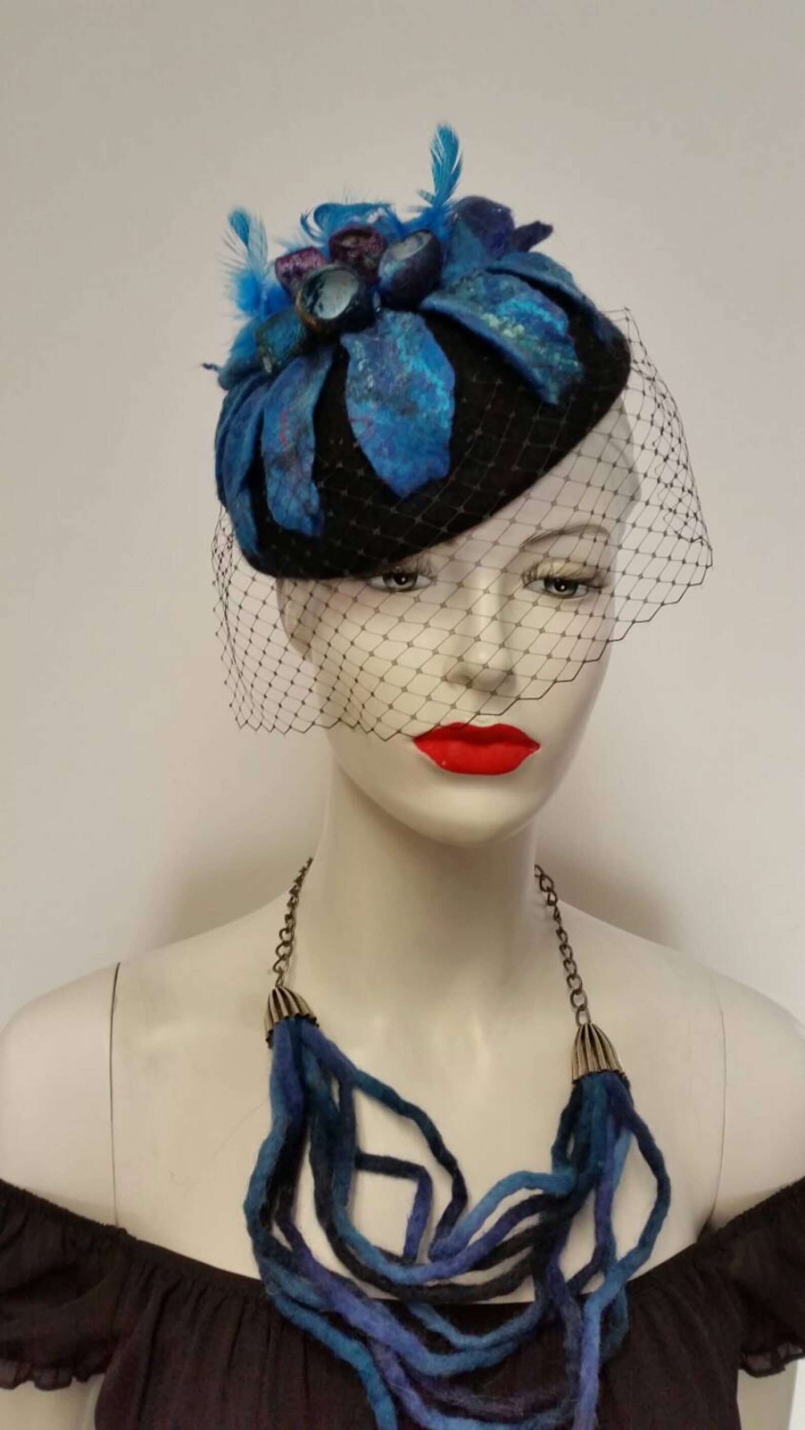 Pillbox Hat Black Fascinator, Birdcage Veil Hat, Face Veil Hat, Coctail ...