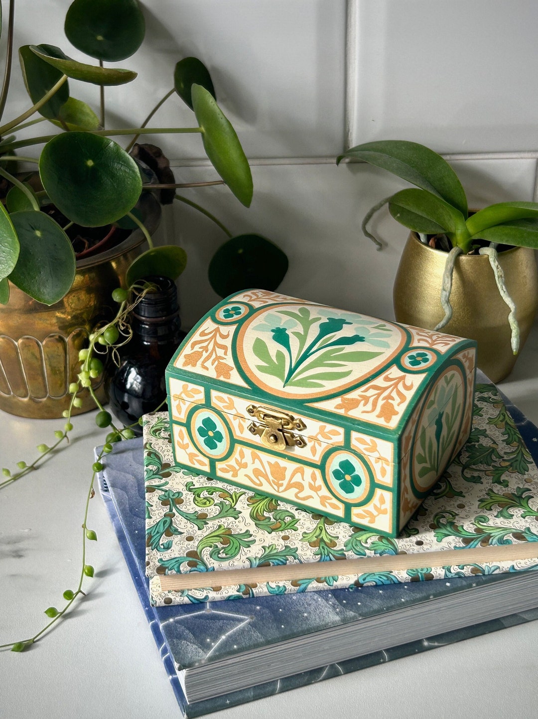 Hand Painted, Small Wooden Keepsake Box, Floral Design, Green and Gold ...