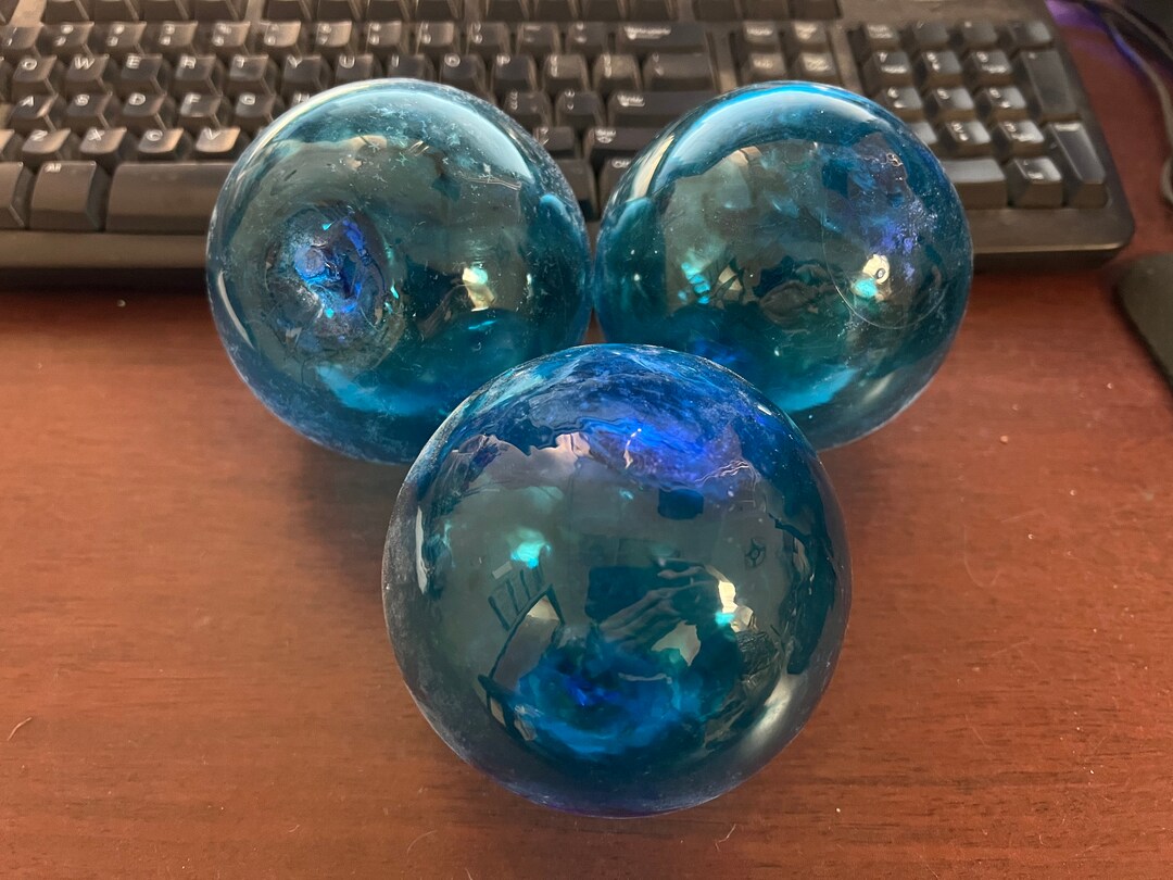 3 Pieces Light Blue Decorative Reproduction Blown Glass Float Fishing ...