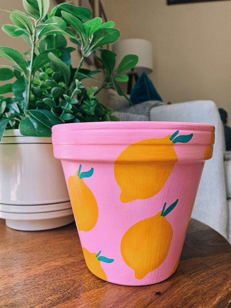 Hand Painted Pot | Pink Lemons Planter - Etsy