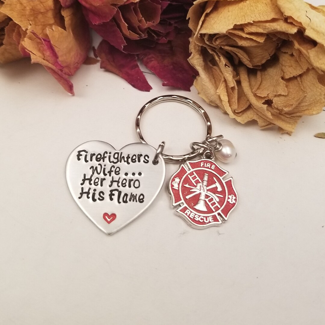 Firefighters Wife Hand Stamped Key Chain - Her Hero His Flame ...