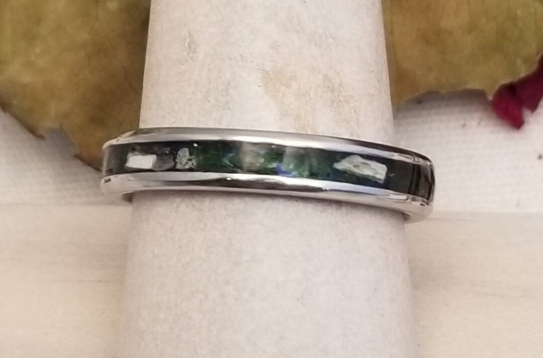 Cremation Funeral Ash Band Ring Greenstone Thin Crushed Stone Inlay ...