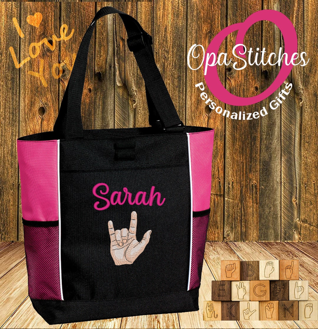 Embroidered ASL Sign Language Tote Bag, Personalized With Your Name ...