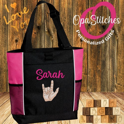 ASL Monogramed Bag Tote Sign Language Tote Bag Embroidered - Etsy
