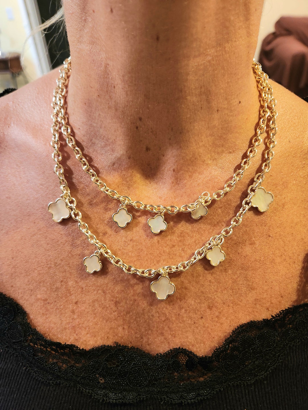 14kt Gold Plated Multi Clover Layer Stainless Steel Mother of Pearl ...