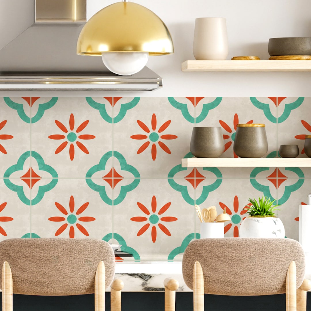 Floor and Wall Tile Stickers, Tile Decals - Floral Retro Vintage 70's ...