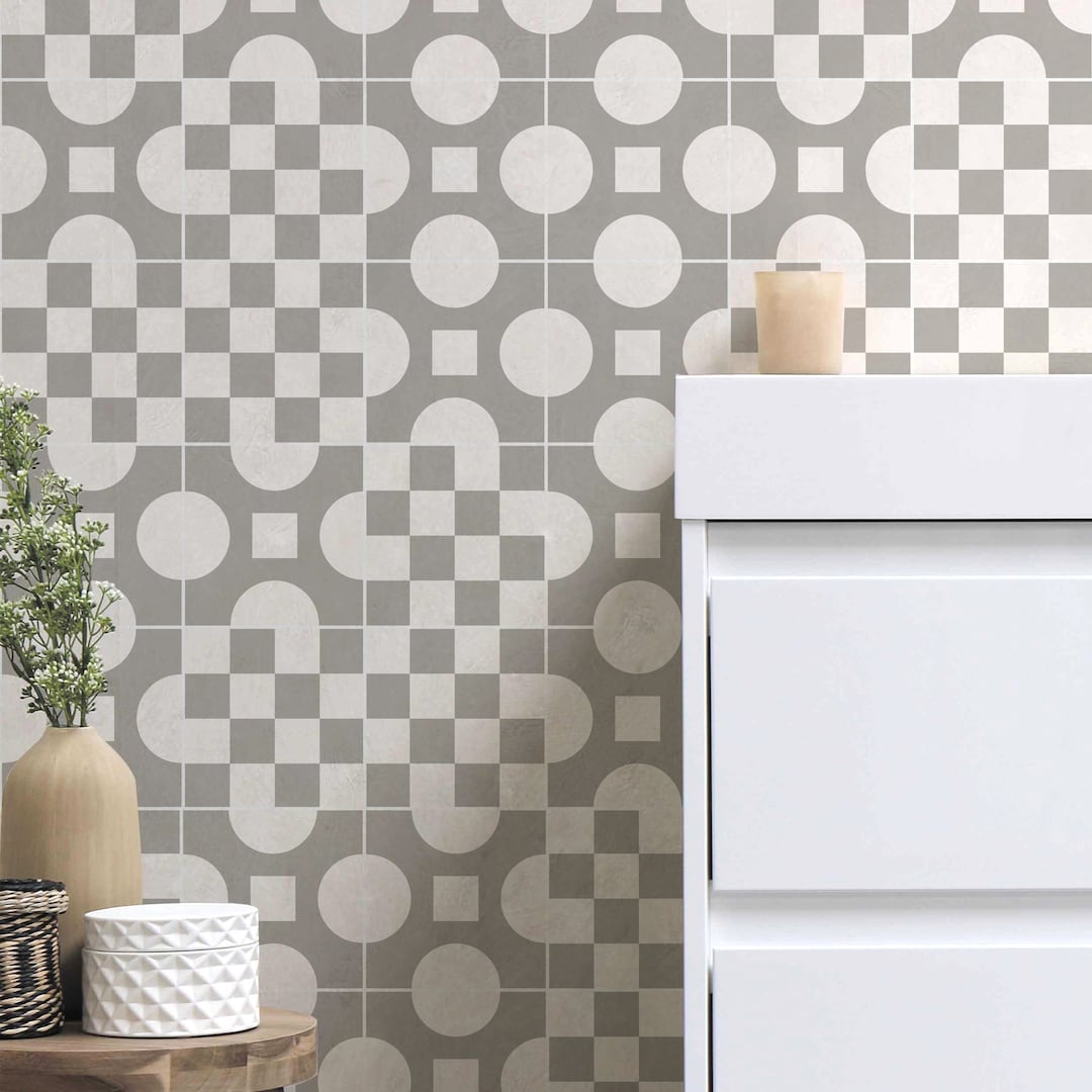 Floor Tile Stickers, Modern Geometric Graphic Beige Backsplash, Peel ...