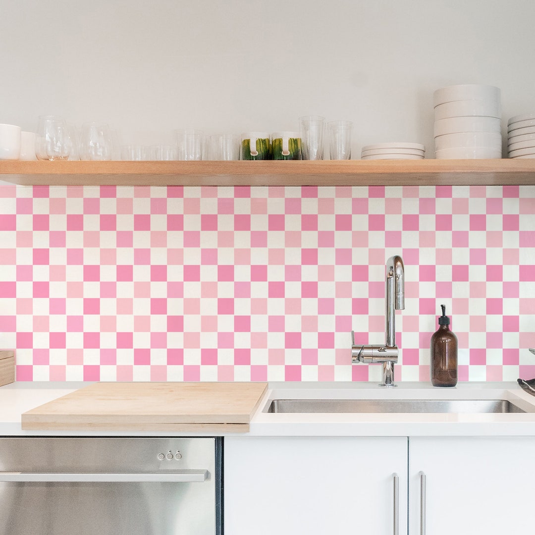 Peel and Stick Tile, Backsplash Decals - Checkered Retro Pink Tile ...