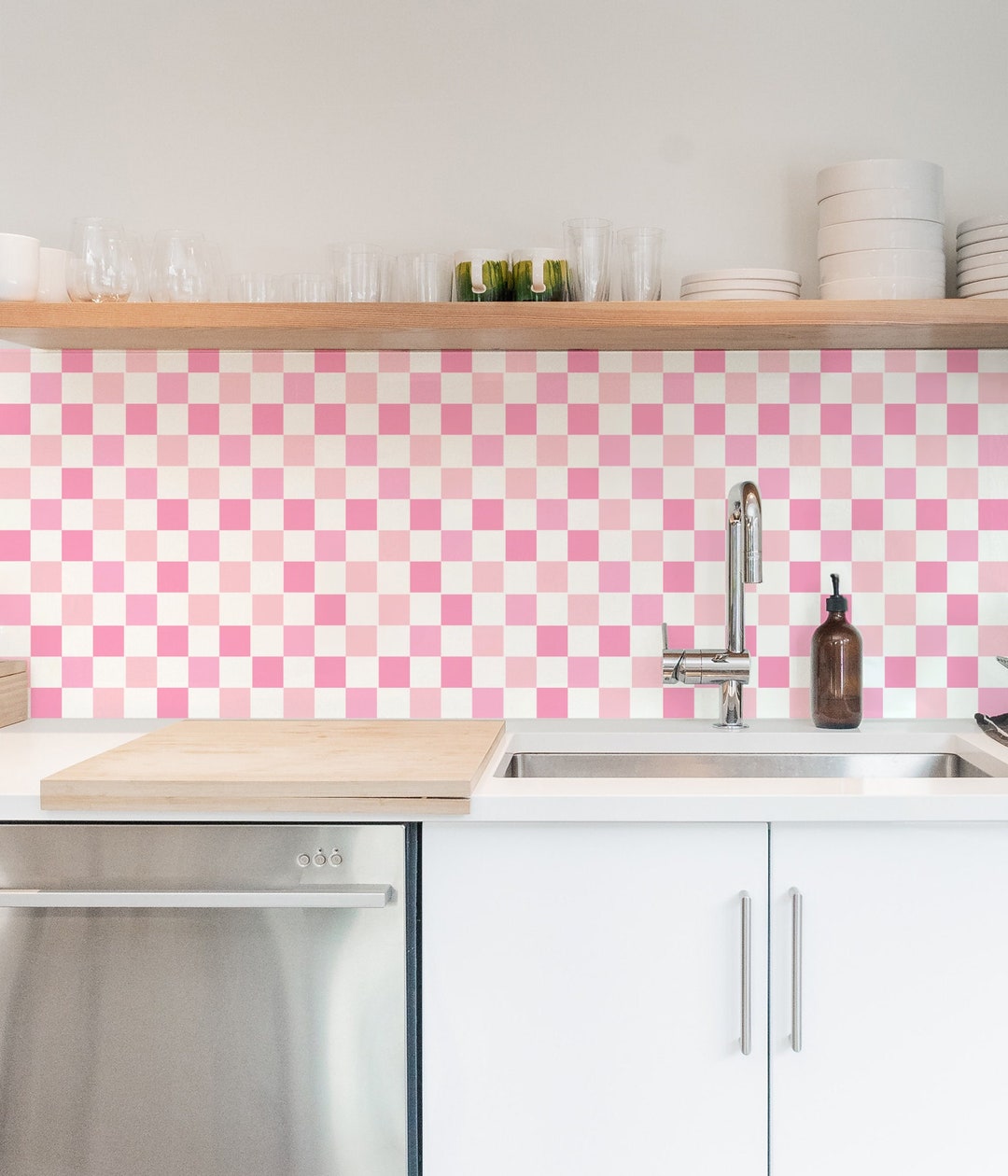 Peel and Stick Tile, Backsplash Decals Checkered Retro Pink Tile Set of ...