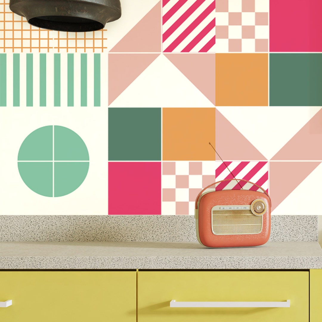 Floor Tile Stickers, Modern Geometric Romcom Backsplash, Peel and Stick ...
