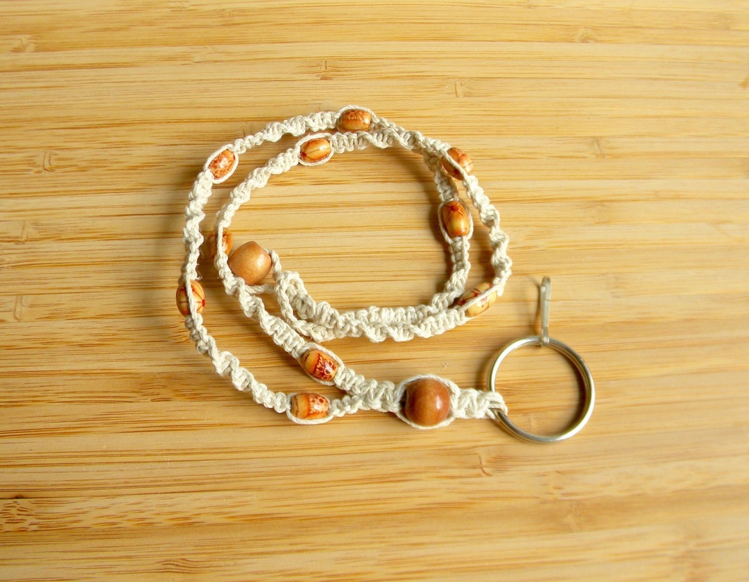 Macrame Hemp Lanyard With Wood Beads: Hippie Style Id/phone Holder - Etsy