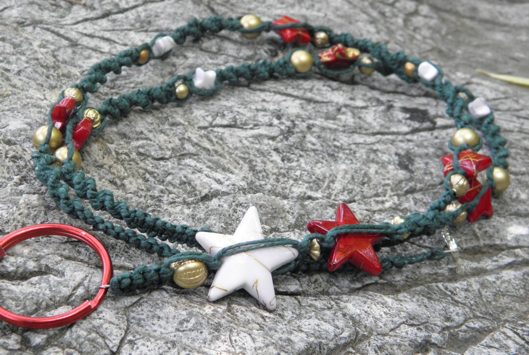 Macrame Holiday Lanyard: Green Hemp With Red & Gold Beads, Choose From ...