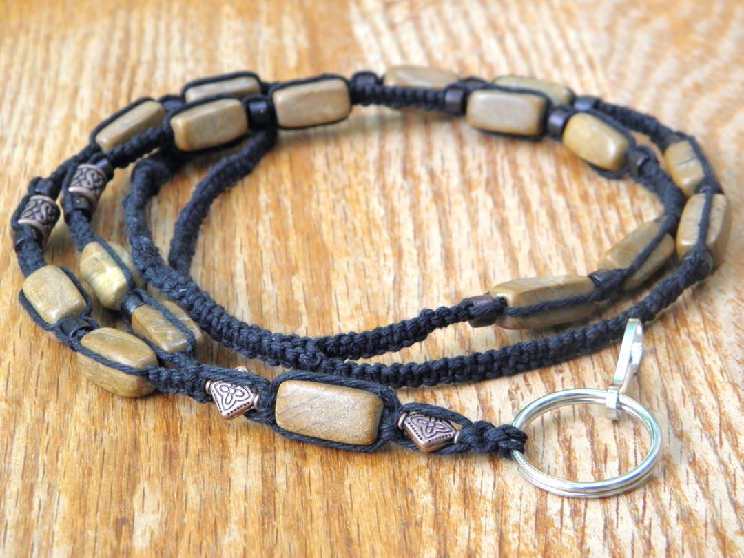 ID Lanyard in Black Hemp Macrame With Brown Marble, Wood and Bronze ...
