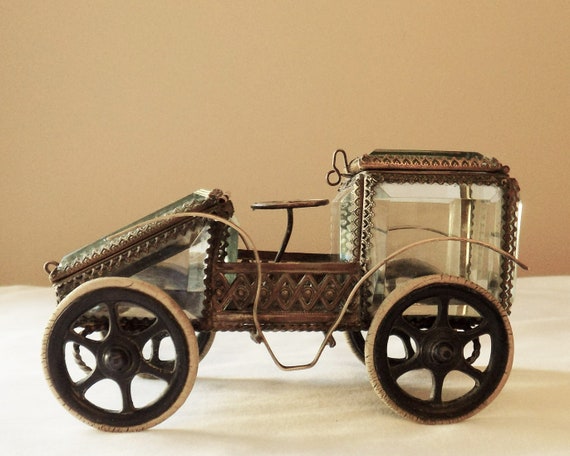 Antique French Beveled Glass Motor Car, Vitrine Caske… - Gem