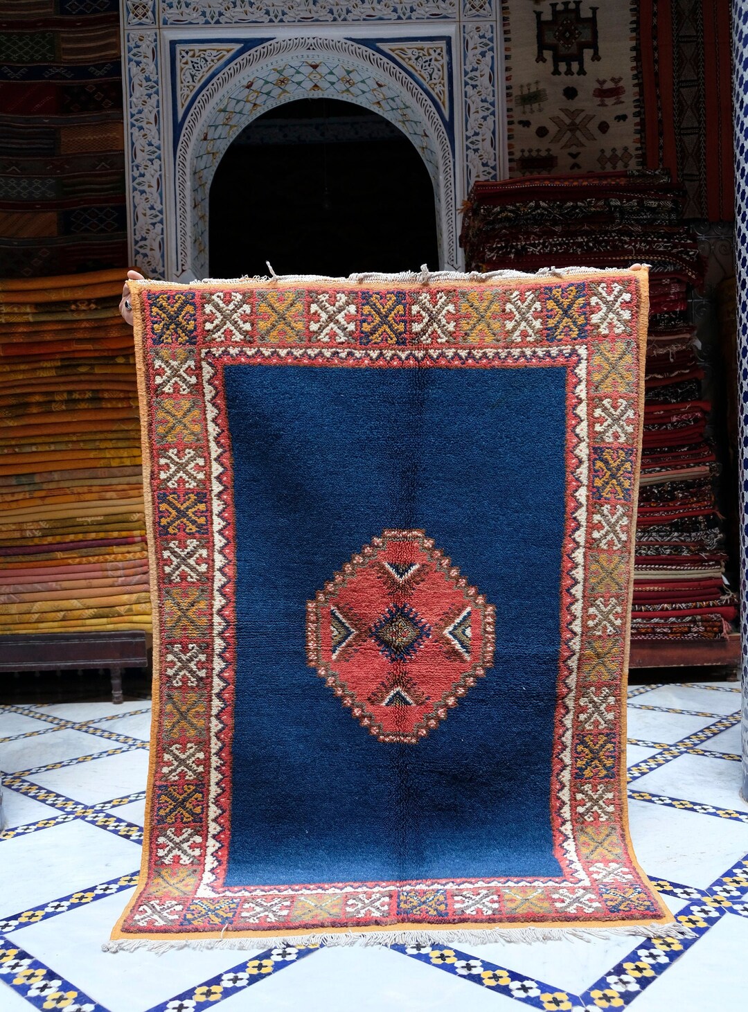 Navy Blue Moroccan Taznakht Rug Carpet Center Red Rhombus Tapis Berbere ...