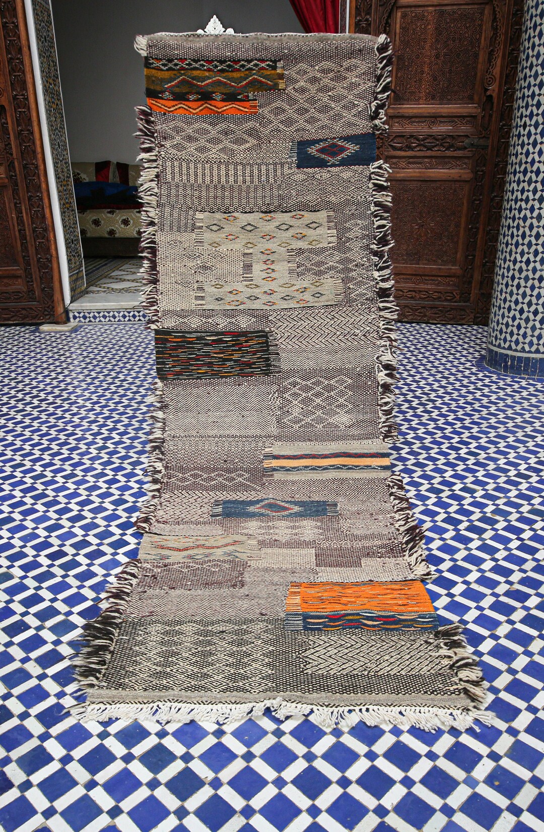 Moroccan Berber Picasso Runner Rug Carpet Zanafi 3 Sided Fringe ...
