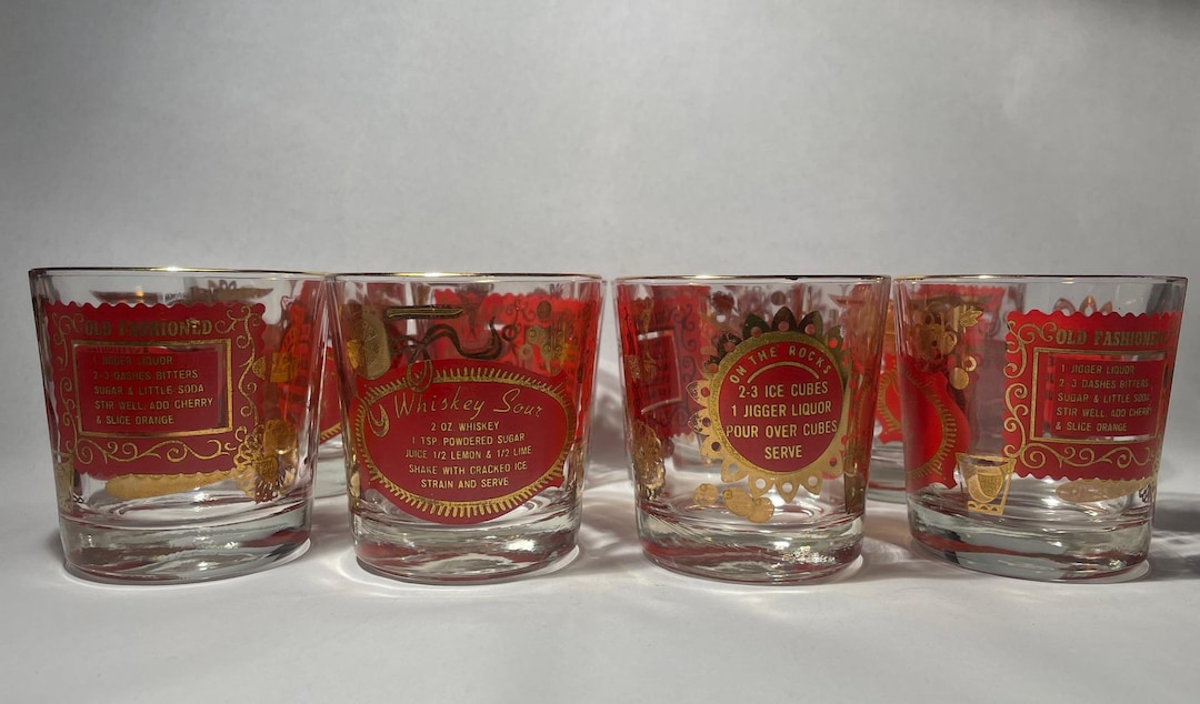 Vintage Jeanette Glass Cocktail Recipe Glasses - Red & Gold Set - Etsy